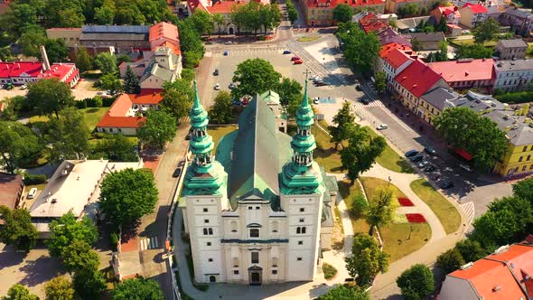 Top aerial panoramic view of Lowicz old town historical city centre ...