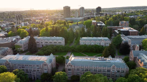Sunset aerial of the University of Washington's campus with so many ...