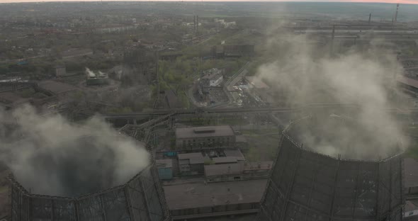Aerial. Smoke and Steam From Industrial Power Plant, Contamination ...