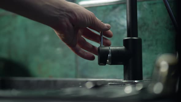 Turning on the Kitchen Faucet with a Man's Hand, Stock Footage | VideoHive