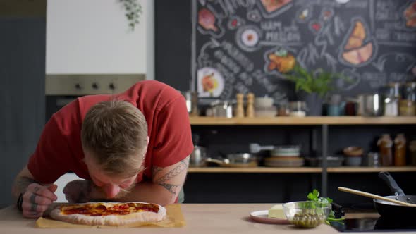 Food Blogger Enjoying Pizza Smell and Showing OK Gesture, Stock Footage